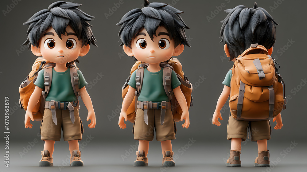 A cute boy character design model sheet showcasing three distinct views ...