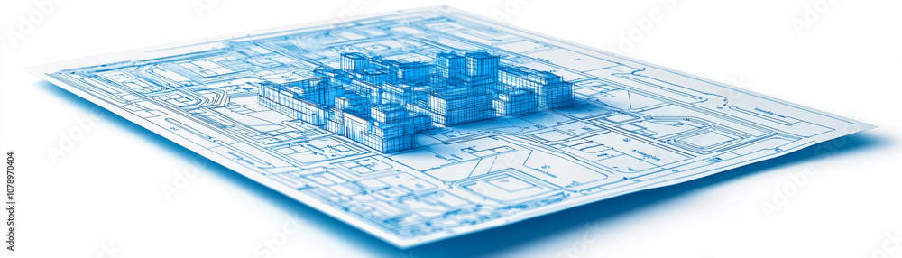 detailed architectural blueprint showcasing 3D model of building ...