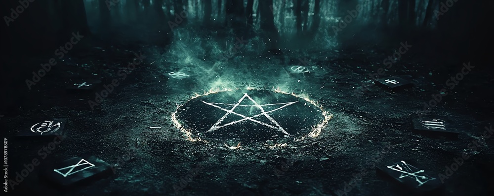 Mysterious forest scene with glowing pentagram and symbolic runes on ...