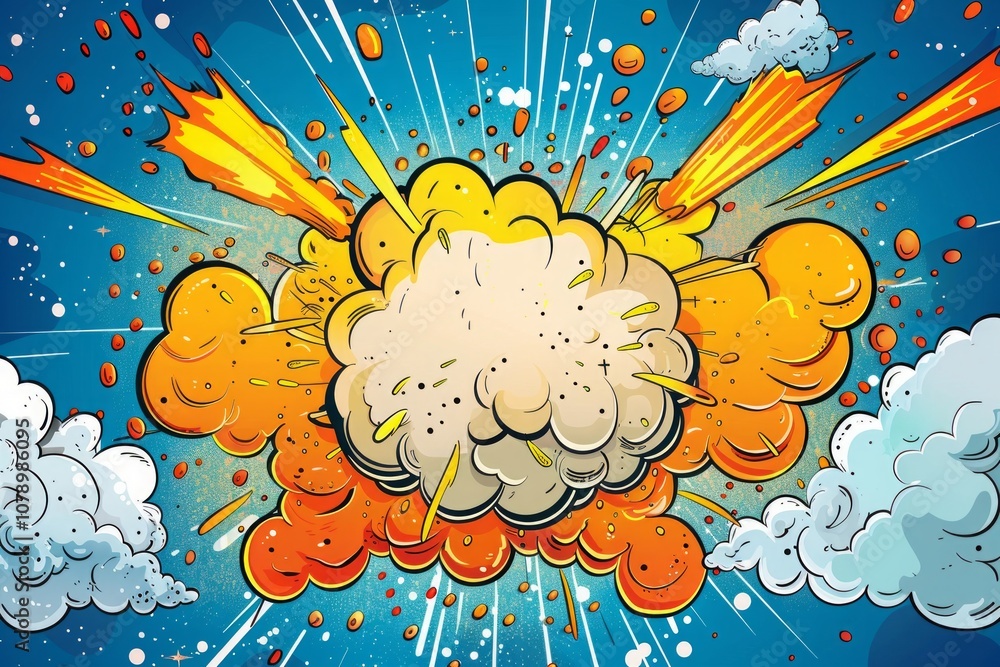Comic-style explosion with orange and yellow clouds, dynamic sparks, and radial lines on a blue ...