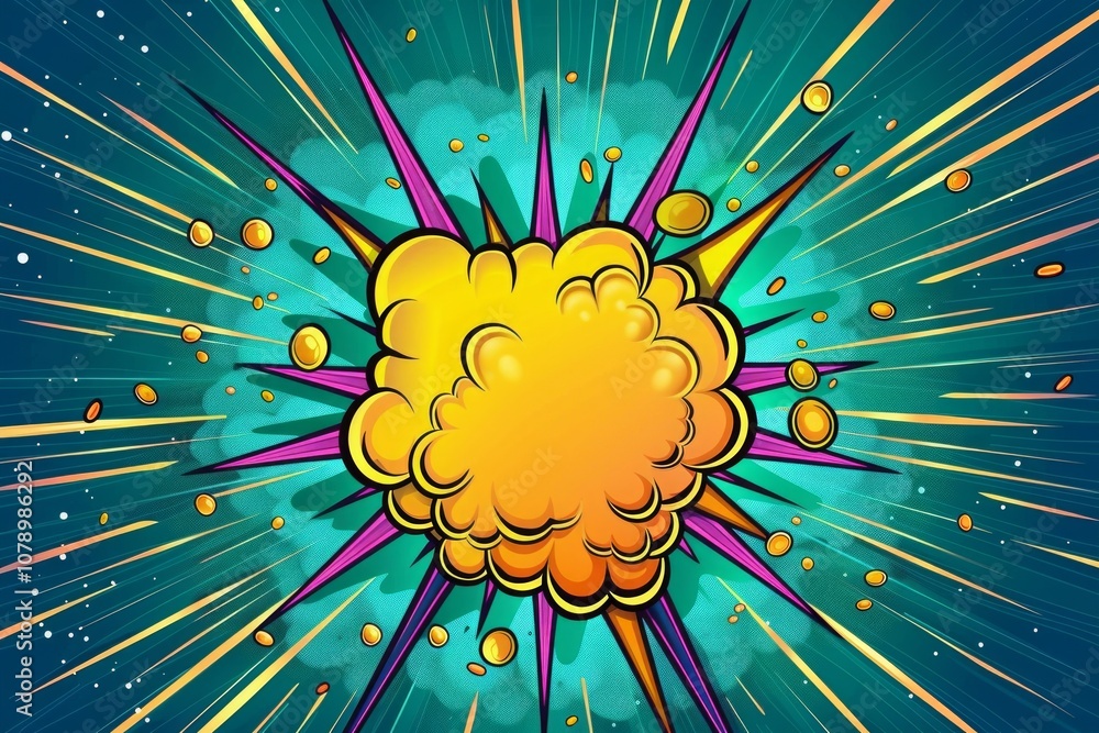 Vibrant comic-style explosion with yellow cloud, purple spikes, and ...