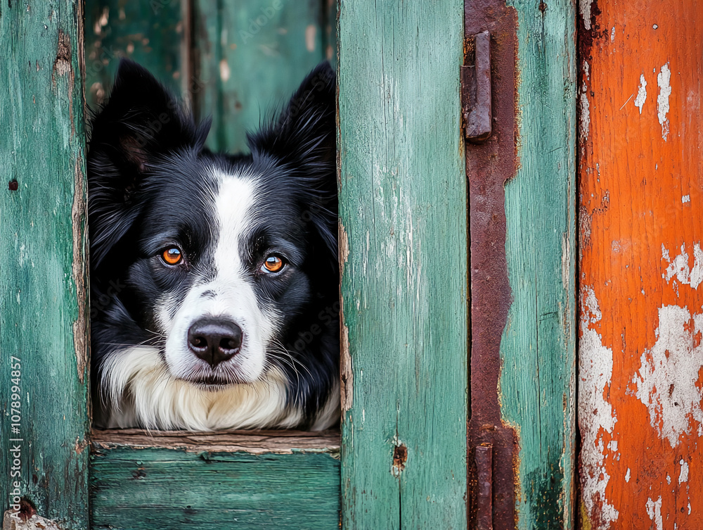 A black and white border collie with brown eyes peers through a ...
