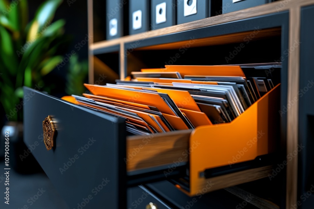Open file cabinet with labeled files in a police station, representing ...
