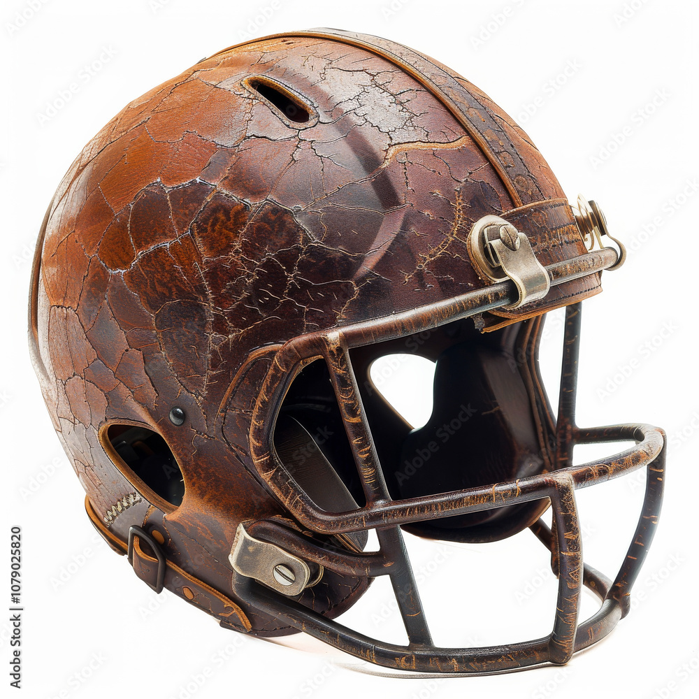 vintage American football helmet with patina finish, showcasing cracked ...