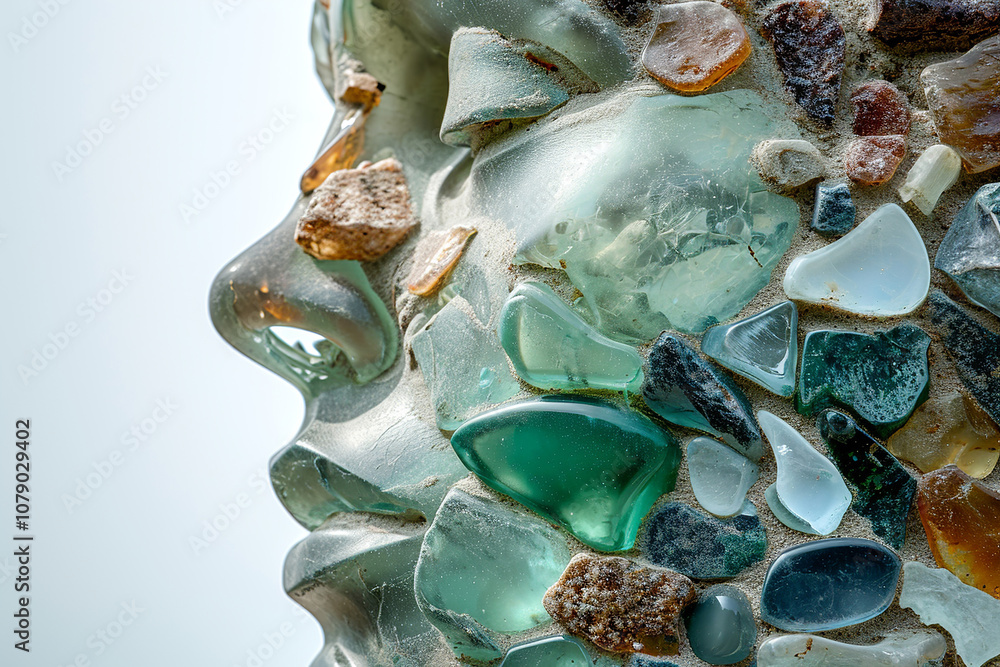 A photograph of a fragment of a glass sculpture depicting a human face ...