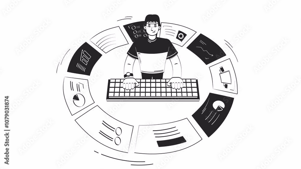 Data analytics business reports doodle outline animation. Key performance indicators analysis 4K ...