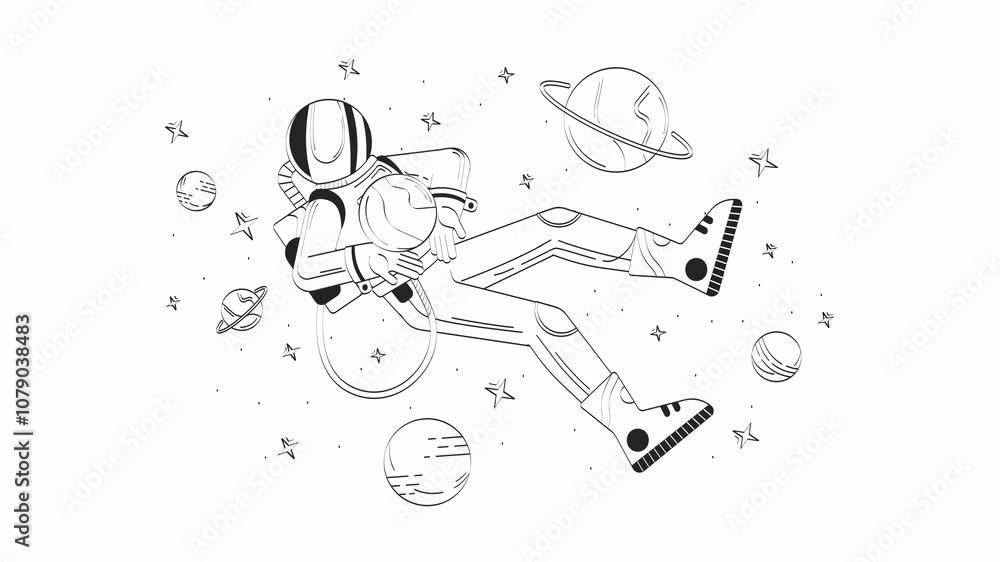 Helmet astronaut floating in space doodle outline animation. Spaceman ...