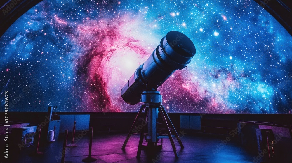 Inside observatory looking at swirling pink and blue galaxy, conveying ...