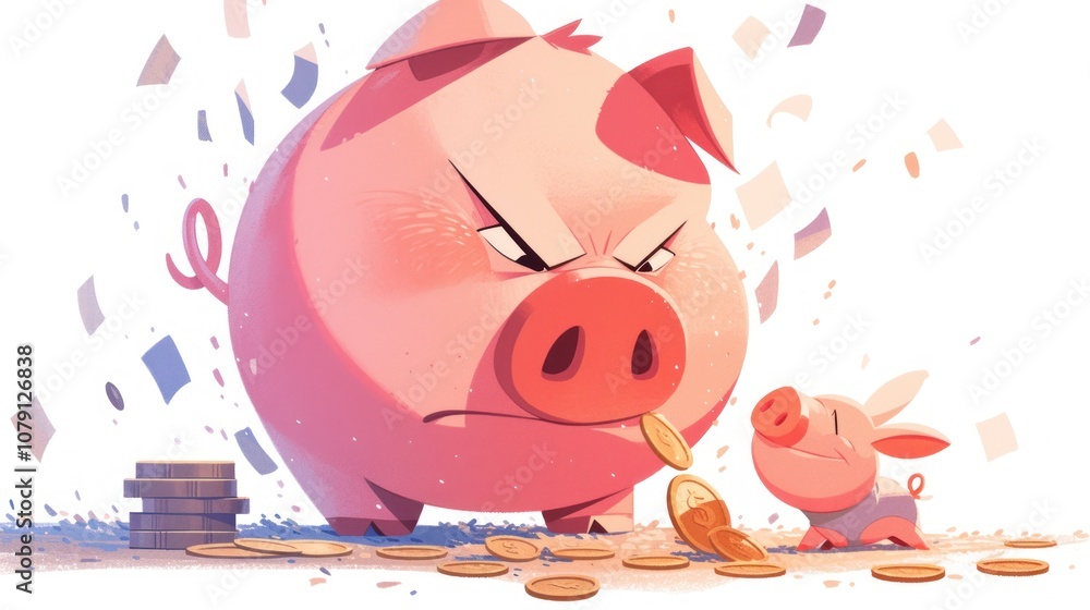 An angry pink pig with a frowning face and a snout full of coins stands ...
