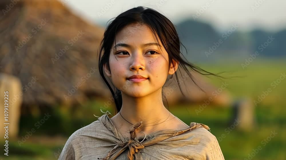 A young Asian woman dressed in traditional clothing stands in a rural ...