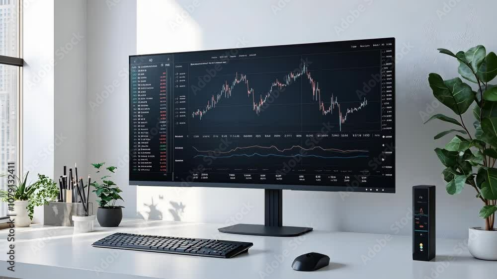 A modern workspace featuring a computer monitor displaying financial charts and data analytics ...
