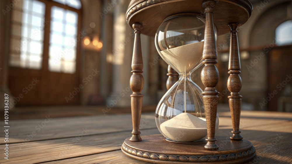Elegant wooden hourglass in an ornate room, symbolizing the passage of ...