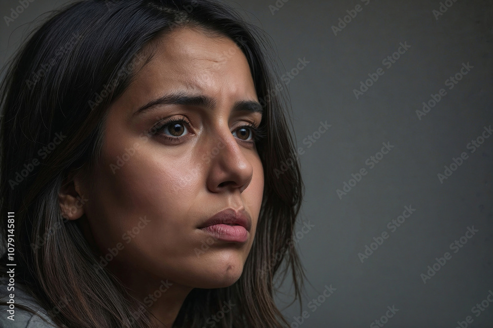 Face of thoughtful and sad Hispanic woman with long dark hair and a sad ...