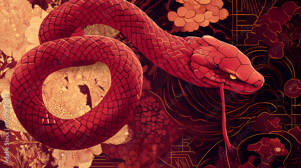Photo & Art Print Red snake is wrapped around decorative background ...