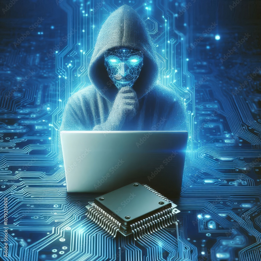 Abstract digital anonymous hacker with light blue laptop and AI chip ...