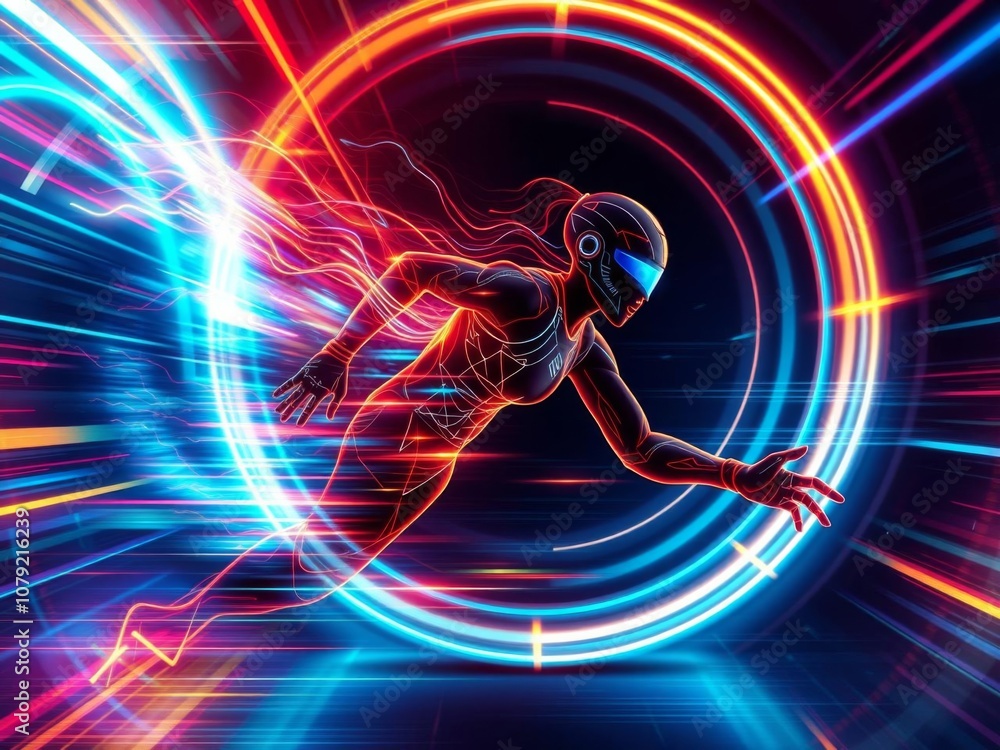 Abstract neon colors background with a silhouette of a woman running on ...