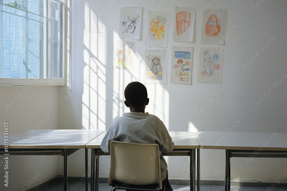 A child sits alone at a desk in a classroom, gazing thoughtfully at ...