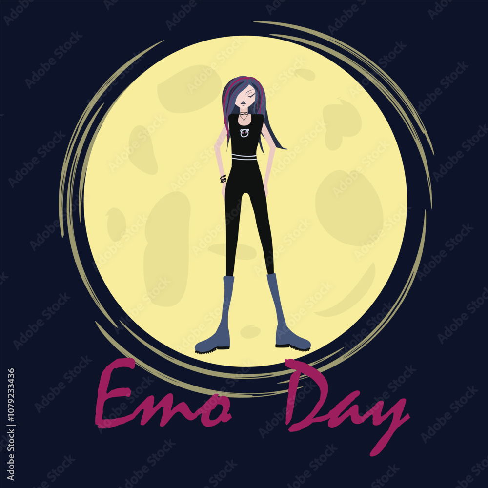 National Emo Day. A vector illustration of an emo goth girl with purple ...