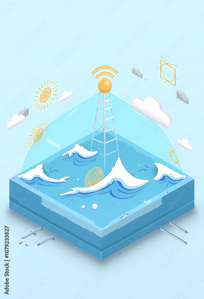 Illustrative concept of a tsunami warning system with waves, a radar ...