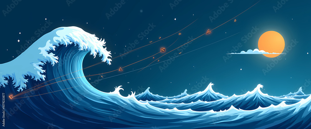 Dynamic illustration of ocean waves with tsunami warning indicators and ...