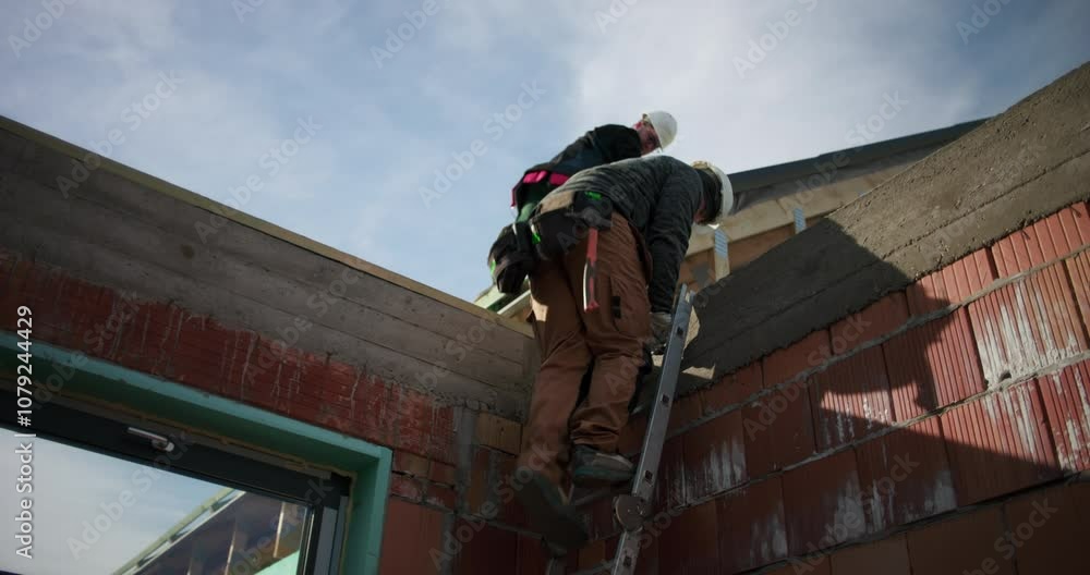 Construction workers descending ladder from rooftop, safety equipment ...