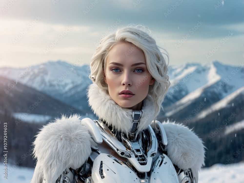 A humanoid robot woman standing in a snowy winter landscape, combining ...