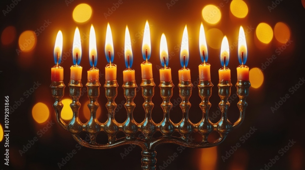 The flickering flames of a menorah illuminate the surroundings ...