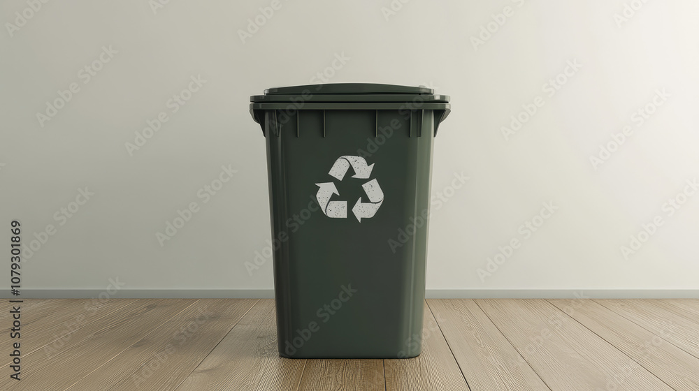 Waste bin on a wooden floor with white background. Here is an empty ...
