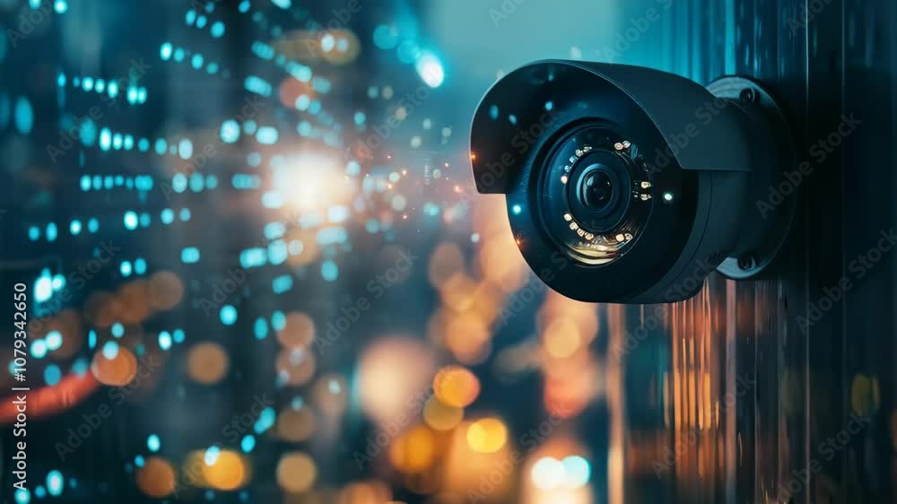 CCTV camera in city with digital interface background. Future Ai ...