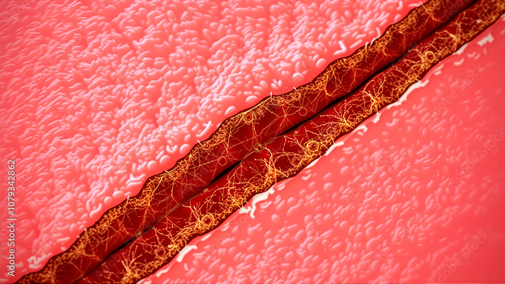 Skin cells regenerating after a cut, with new epithelial tissue forming ...