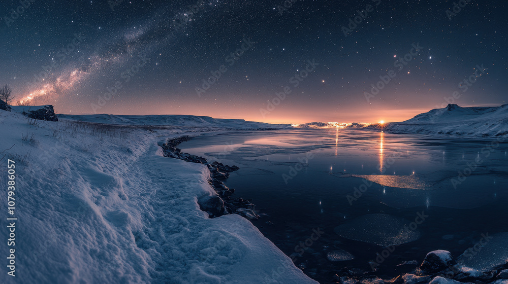 Meteor shower display, A stunning night view of a snowy landscape ...
