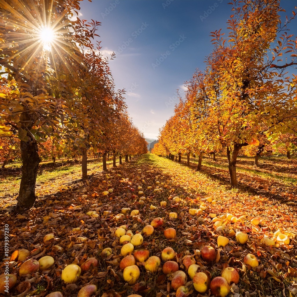 Sunlit Orchard With Rows of Fruit-Bearing Trees, Golden Apples Hanging ...