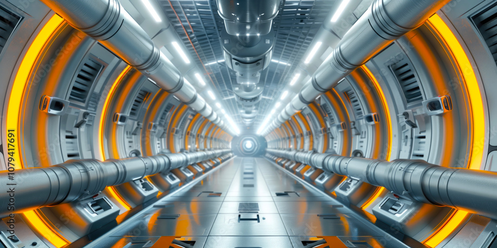 Spaceship interior. Long corridor inside innovative industrial ...