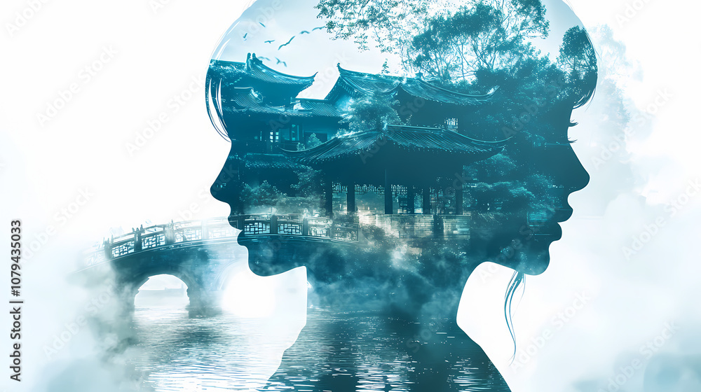 Double exposure image of a beautiful celadon blue maiden silhouette ...