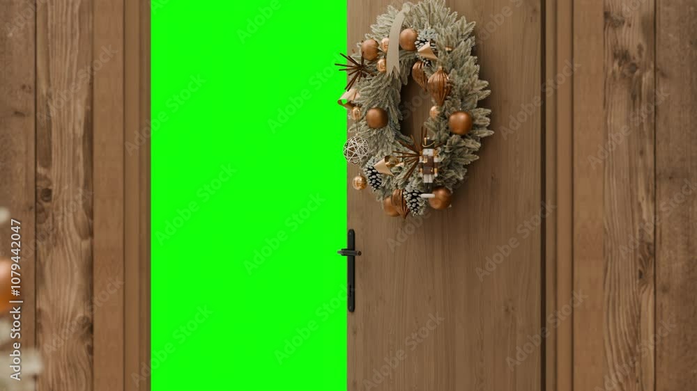 wooden door opening animation, christmas tree and wreath decoration ...