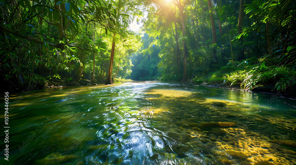 A Crystal-Clear River Flowing Through a Dense Green Forest ...