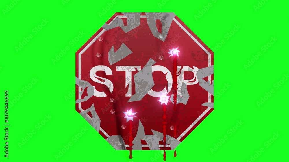 Old, worn "STOP" traffic sign with blood dripping from projectile ...