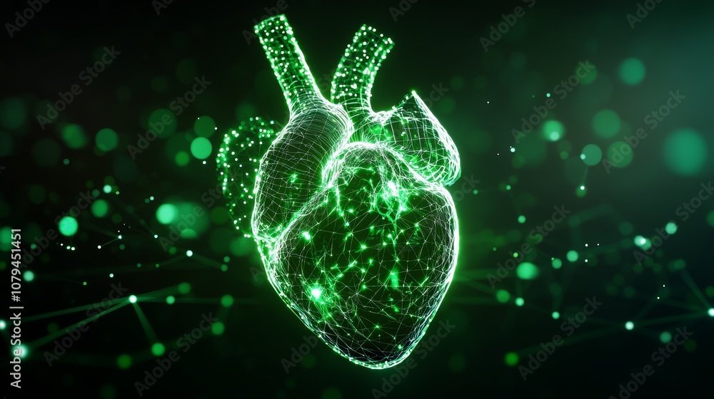 Digital x-ray visualization of human heart, cyber-green holographic ...