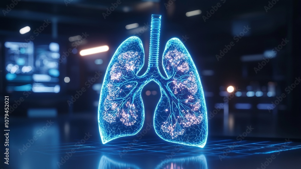 Floating 3D hologram lungs with digital vitals display, detailed ...
