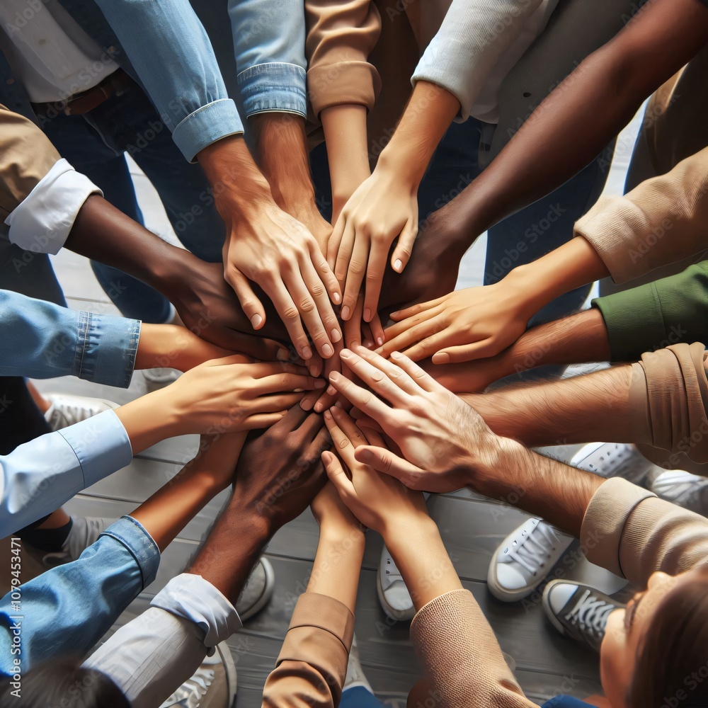 Close-up of diverse hands coming together in a team huddle Stock Photo ...
