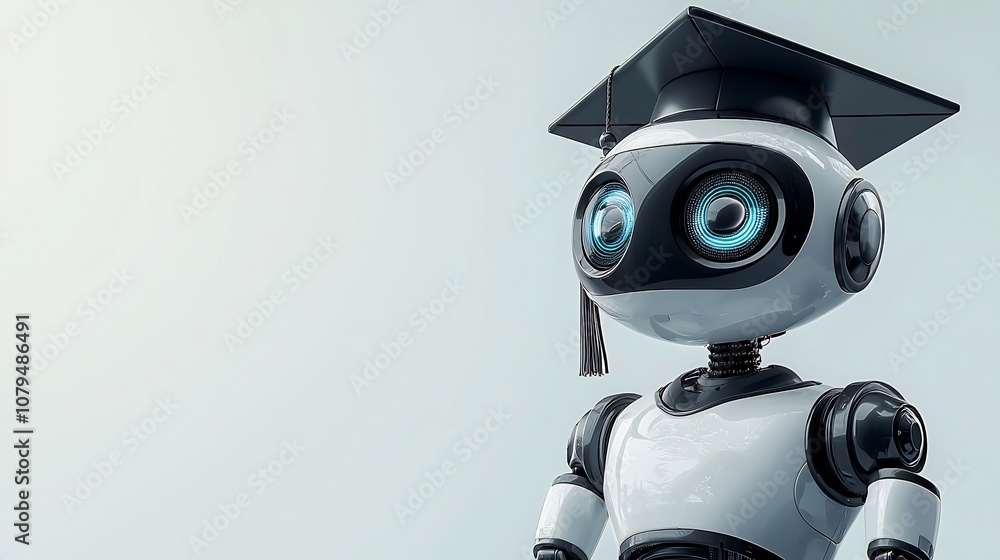 Robotic figure wearing a graduation cap on a light neutral background ...