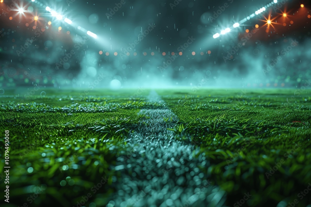 illuminated sports stadium with green grass field at night, blue ...