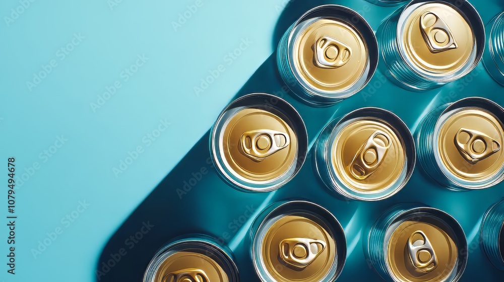 Top view of cans on blue background with copy space, food donation ...