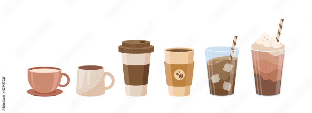 Set of coffee drinks. Cups with hot drinks and beverages. Cappuccino ...