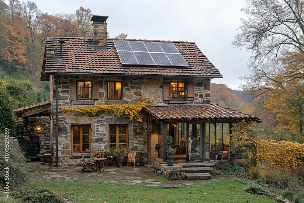 village house with a photovoltaic system on the roof. Modern eco ...