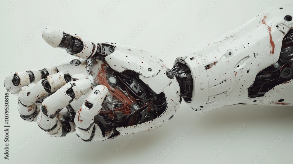 White beat-up robot hand reaching out on white background, rendered ...