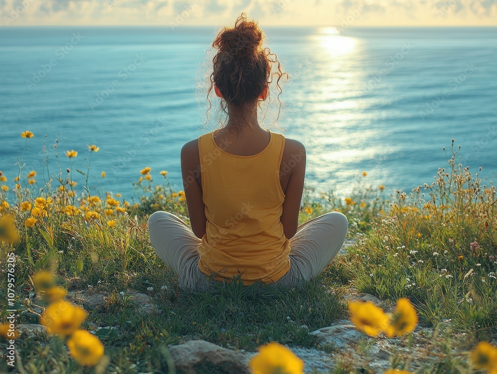 Meditative Woman by the Ocean, serene atmosphere, calming waves, deep ...