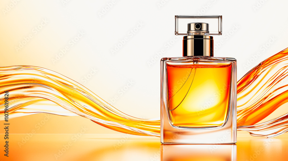 Liquid Gold: Perfume bottle amidst an abstract wave of golden liquid ...