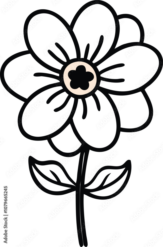 Simple Flower Outline with Center Detail, Black outline illustration of ...