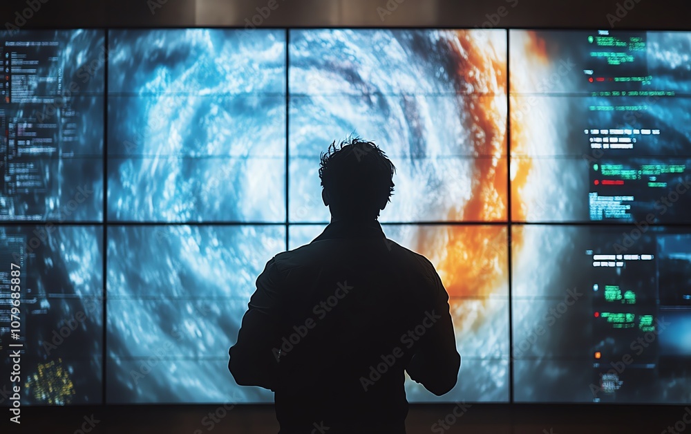 Storm data analysis by a meteorologist on a large display, showcasing ...